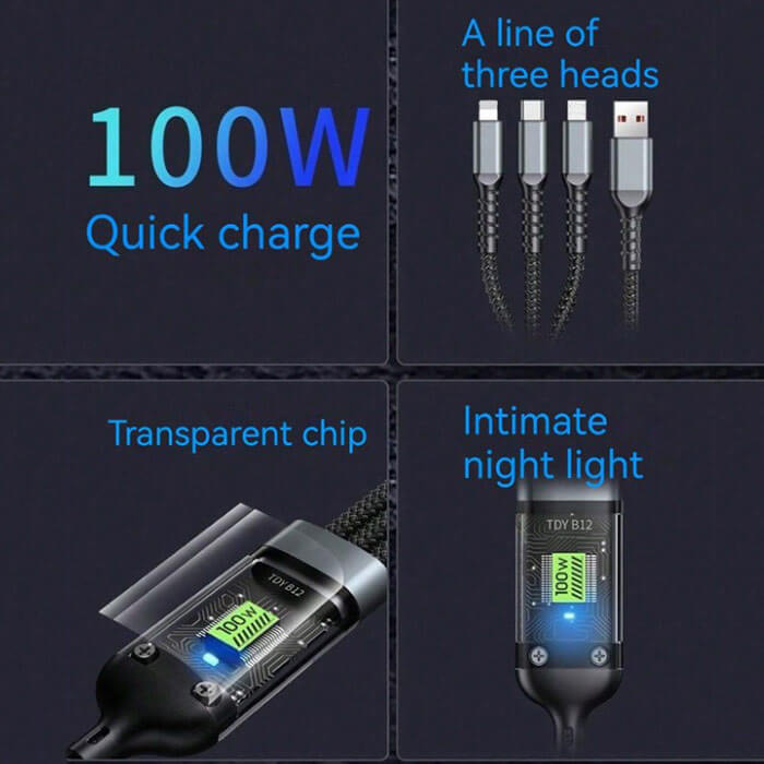 Cable de carga súper rápido luminoso transparente 3 en 1 100W - Techline507